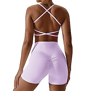 Workout Sets for Womem 2 Piece Criss Cross Back Sport Bra Cross Waist High Waist Booty Shorts with Pocket Exercise Gym Yoga Outfits Cross Back Purple Large