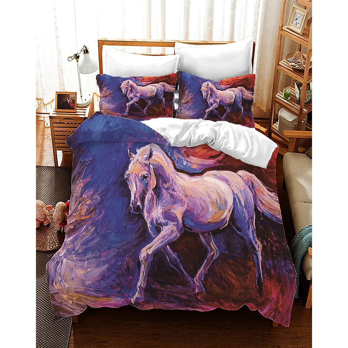 EIANLAI Horse Bed Duvet Cover Set, Wild Animal Themed Bed 3 Piece Duvet Cover Set for Kids, Teens, Boys, Girls Room Decor, includes 1 Duvet Cover and 2 Pillow Cases - Queen