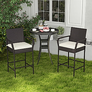 Tangkula Patio Wicker Barstools Set of 2, Outdoor PE Rattan Bar Chairs with Armrests & Soft Cushions, Stable Metal Frame, 400 lbs Max Load, Mix Brown PE Wicker Bar Chairs for Porch, Backyard