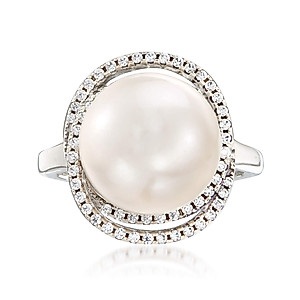 Ross-Simons Italian 12mm Cultured Pearl and .78 ct. t.w. CZ Ring in Sterling Silver. Size 9