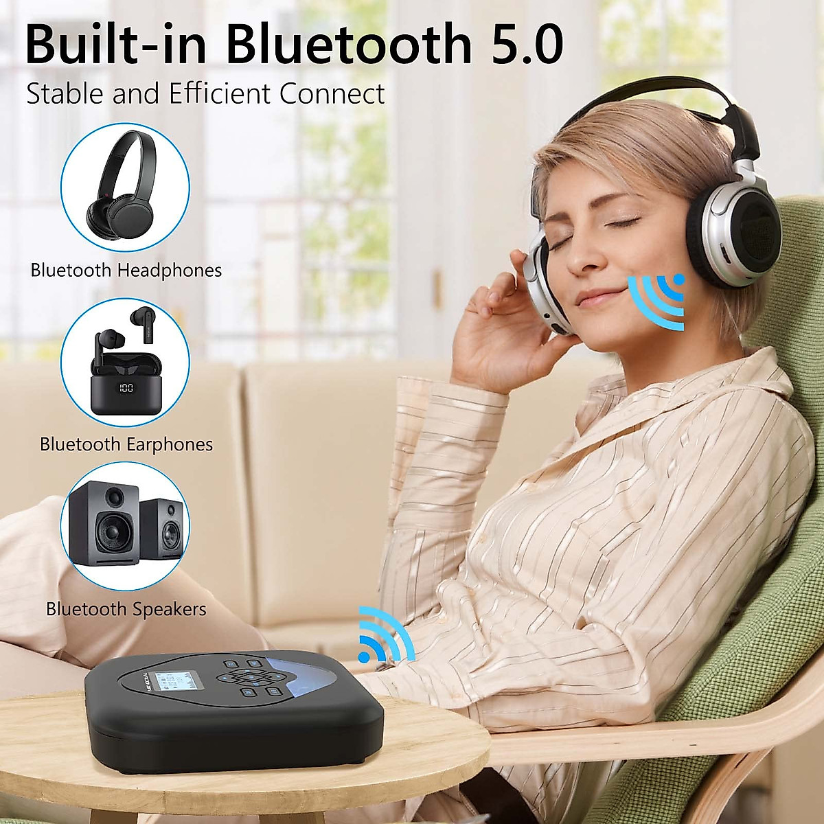 MONODEAL CD Player Portable,Bluetooth CD Player with Speakers,Rechargeable Walkman CD Player for Car and Home,Small Anti-Skip CD Player with Dual Headphone Jacks,WAV/FLAC/MP3/CD Compatible
