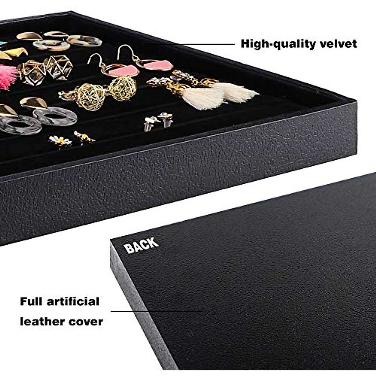 Mebbay Stackable Velvet Jewelry Trays Organizer, Jewelry Storage Display Trays with Full Artificial Leather Cover for Drawer, Earring Necklace Bracelet Ring Organizer, Set of 3 (Black)
