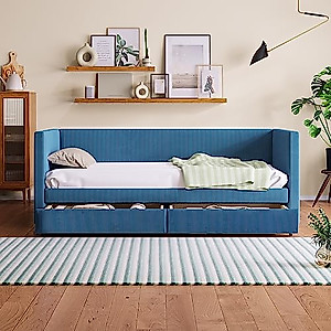 Merax Twin Size Corduroy Daybed with Two Drawers and Wood Slat,Sofa Bed Frame for Bedroom,Boys,Blue