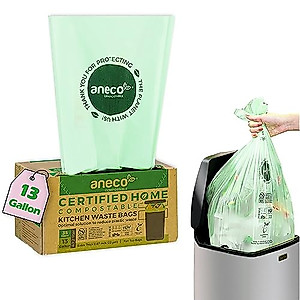 ANECO 100% Compostable Trash Bags 13 Gallon, 35 Count, Extra Thick Kitchen Compost Bags, Large Compostable Bags for Tall Kitchen Bin (Pack of 1)