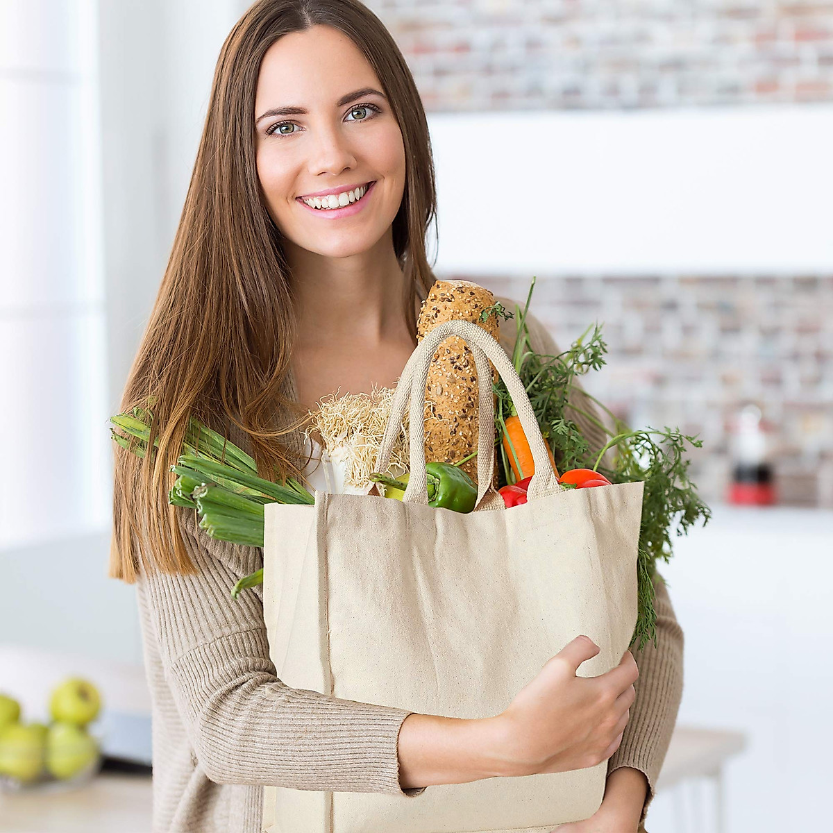 HOMELY CONNECT 5 Pack Canvas Grocery Shopping Bags, Reusable Grocery Bags Heavy Duty, Reusable Shopping Bags for Groceries, Canvas Grocery Bags, Washable, Foldable, 16.5 x 13 x 7 inches