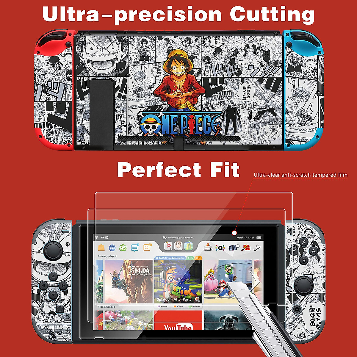 oqpa for Nintendo Switch Skin Cute Kawaii Cartoon Character Sticker, Fun Funny Fashion Cool Switch Game Skins for Girls Boys Kids Stickers+Tempered Glass Film for Nintendo Switch (Yellow Hat Boy)