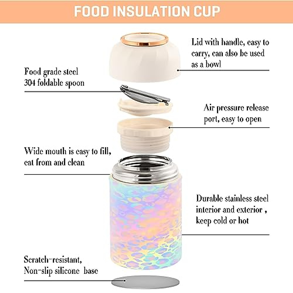 CUPADA Leopard Print Animals Food Jar for Hot and Cold, Bling Colorful Insulated Food Jars Vacuum 17OZ with Folding Spoon for Work Trip Picnic Camping