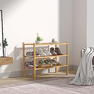 ROMGUAR CRAFT 3 Tier Bamboo Shoe Rack for Closet Free Standing Wood Shoe Shelf for Entryway Small Space Stackable 27"x11"x20" (Natural)