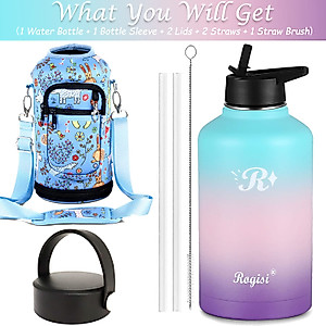 Half Gallon/ 64oz Water Bottle with Straw and Sleeve Insulated, Wide Mouth Stainless Steel Big Gallon Water Jug, Keep Cold for 48 Hrs or Hot for 24 Hrs Vacuum Metal Thermos Mug with Handle