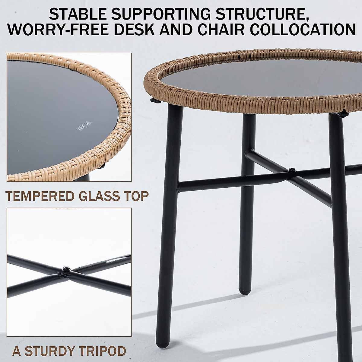 Patio Furniture Set Outdoor Rocking Chairs Set Boho Balcony Furniture All-Weather Beige Wicker Rattan Chairs Set for Balcony Porch with Black Templessed Coffee Table Washable White Cushions