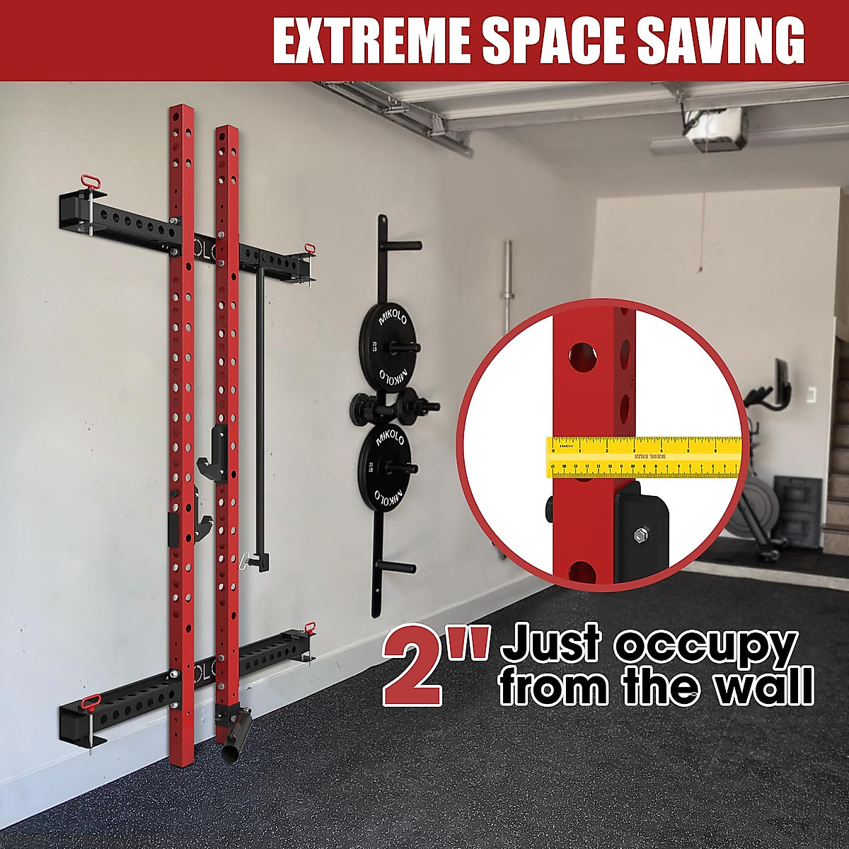 Mikolo 2" x 2" Folding Wall Mounted Squat Rack, 1000 Pounds Capacity Power Rack with Pull Up Bar, J Hooks, Landmine and Other Attachments, Space-Saving Home Gym(Red