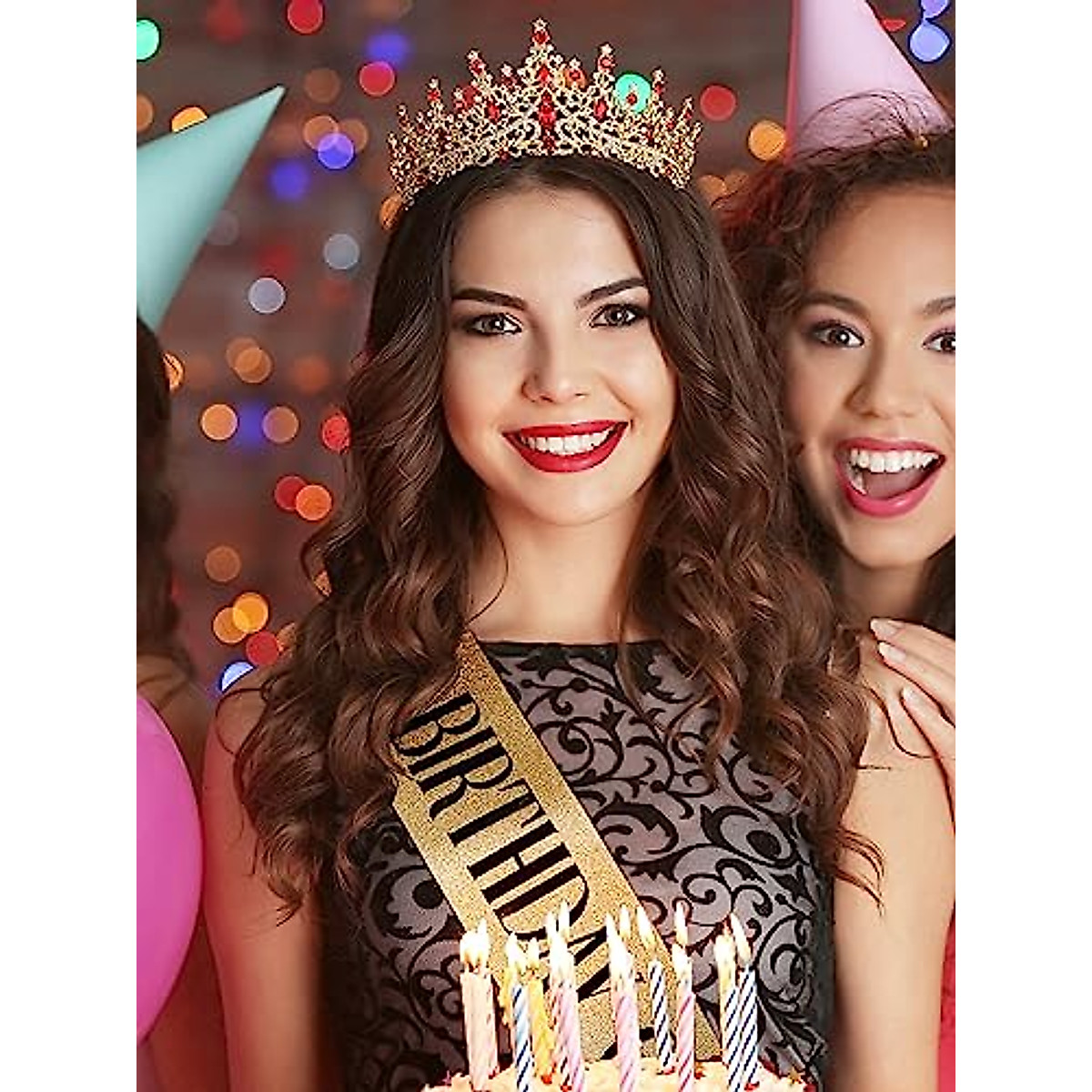 SWEETV Birthday Crowns for Women Gold Birthday Queen Sash and Tiara Set Rhinestone Princess Headband for Birth Day Party Photograph