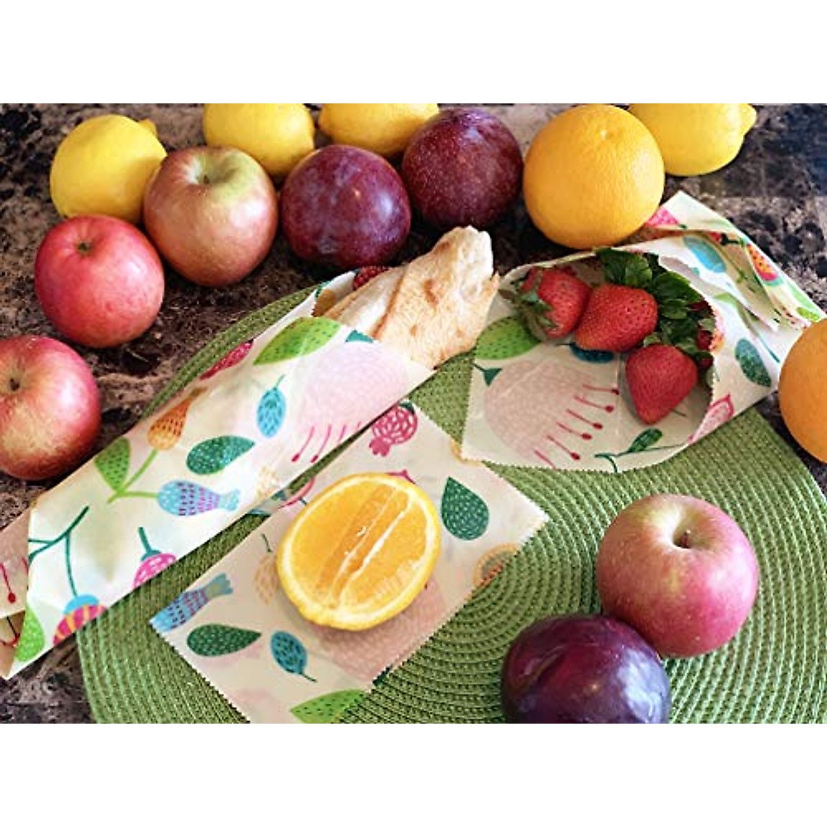 Reusable Beeswax Food Wrap (Set of 3) Eco friendly sustainable organic biodegradable cotton sheets bees wax wraps | Great safe storage keeps produce fresher | Sandwich wrap |Plastic Free zero waste