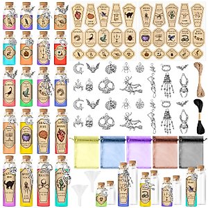 AwserTantue 71Pcs Christmas Mini Potion Bottles Decorations Set, Apothecary Bottles with Horror Stickers Pendants and Organza Bags for Winter Party Home Classroom Decor Witch Theme Party Supplies