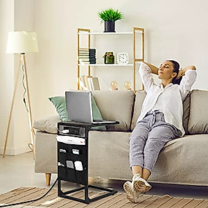 Set of 2 C Shaped End Table with Charging Station, Snack Side Table, C Tables for Couch, Couch Tables That Slide Under, for Living Room, Bedroom, Gray