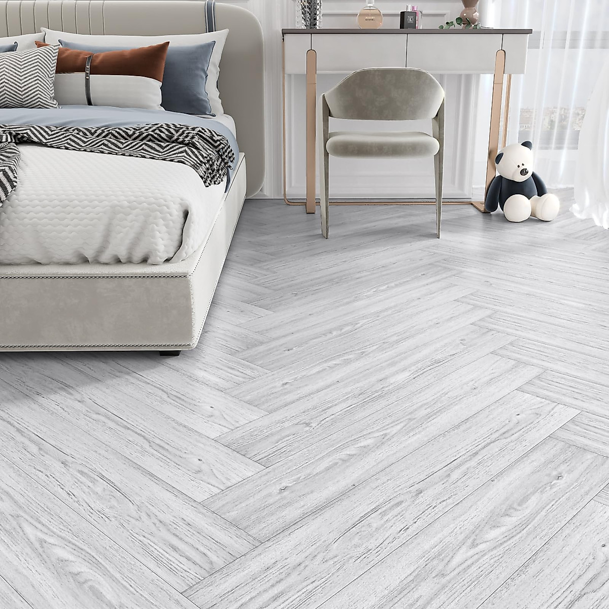 Skyblur 32PCS White Grey Wood Vinyl Flooring Planks Peel and Stick Floor Tile Adhesive Peel and Stick Flooring Stick on Tiles for Bedroom Floor Balcony Bathroom Vinyl Floor Stickers 35x6 Inch