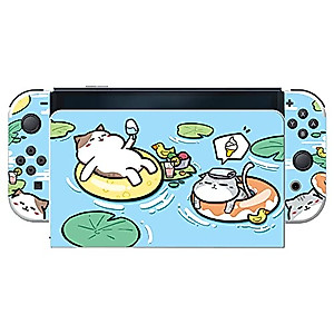 PlayVital Full Set Protective Stickers for Nintendo Switch OLED Model, Customized Vinyl Decal Skins for Switch OLED Console & Joycon & Dock & Grip - Pool Party Kitten
