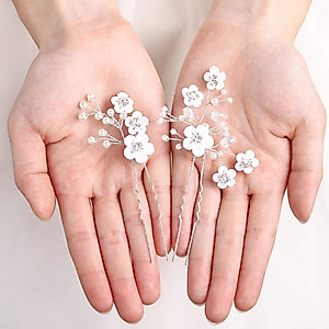 Fstrend Bridal Wedding Hair Pins Silver Sparkly Rhinestones Pearls Flower Hair Pin Bride Hairpieces Gorgeous Hair Accessories for Women(Pack of 2) (Silver)