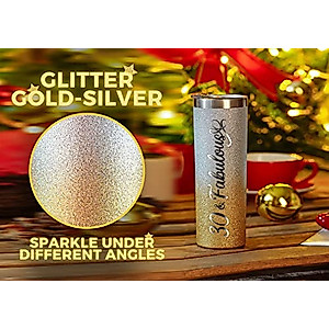 Onebttl 30th Birthday Gifts for Women, Female, Her - 30 and Fabulous - 20oz/590ml Stainless Steel Insulated Glitter Tumbler with Straw, Lid, Message Card - (Gold-Silver Gradient)