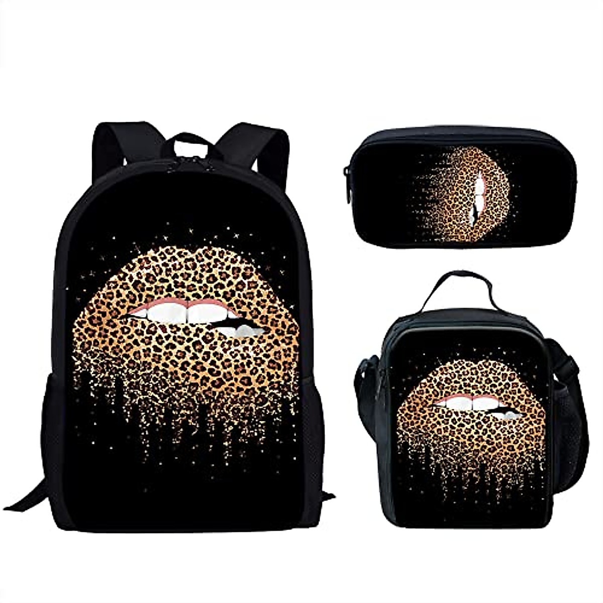 Belidome Leopard Lip Print Backpack Portable Lunch Box Pencil Bag for Kids Girls