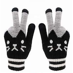 Newfancy Women Men Winter Knit Gloves Touchscreen Warm Soft Cat Kitten Texting Fashion Mittens for Smartphone Iphone Ipad, Black, One Size