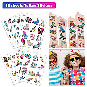 Roller Skate Party Favors 98PCS Slap Bracelets, Stickers, Key Chains, Pin Badges and Temporary Tattoos for Kids Boys Girls Throwback 80s 90s Roller Skating Hip Hop Birthday Party Supplies Decorations