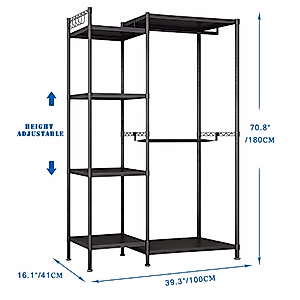 Isyunen Garment Rack, Heavy Duty Clothes Rack with Double Rods and 6 Storage Shelves and 1 Pairs Side Hooks for Hanging Clothes,Adjustable Metal Freestanding Closet Wardrobe Rack,Black (Black)
