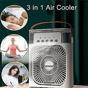 3 in 1 Air Cooler,Mini Portable Air Conditioners Fan with 3-Speeds/5 Humidifier Misting Hole/7 Colors Light,USB Rechargeable,Humidify Air Cooler,Adjustable Wind Direction,For Office Home (White)