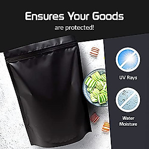 SPACE SEAL Matte Black Aluminum Mylar Bags (6.3x8.6 In - 100 Pcs), Reusable, Aluminum Sealing, Zipper Closure, Smell Proof, UV Protection, Food Storage