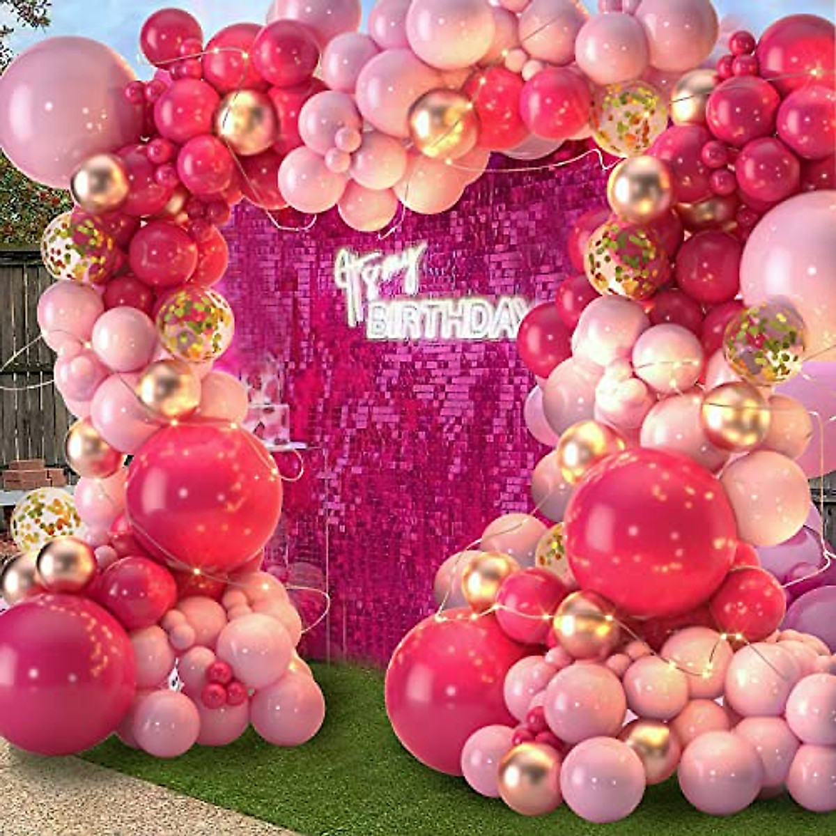 KARLURE Pink Balloon Arch Kit with Lights, Hot Pink Rose Gold Chrome Balloons Garland for Barbie Princess Theme Party Birthday Wedding Bridal Shower Valentine Day Mother's Day Decorations Background