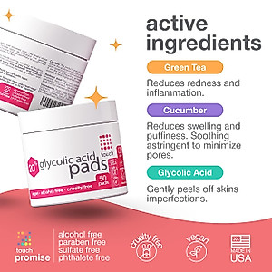 TOUCH 20% Glycolic Acid Pads Exfoliating And Resurfacing AHA Peel Face Wipes - Great for Dullness, Pores, Scars, Fine Wrinkles, Uneven Skin Tone & Texture, 50 Count