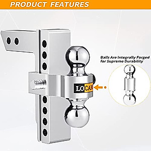 LOCAME Adjustable Trailer Hitch, Fits 2-Inch Receiver, 8-Inch Drop/Rise Aluminum Drop Hitch, 12,500 LBS GTW-Tow Hitch for Heavy Duty Truck with Double Stainless Steel Locks, Silver, LC0004