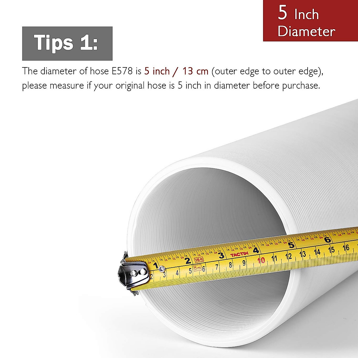 TURBRO Polypropylene Portable Air Conditioner Universal Exhaust Hose - 5 Inch Diameter, 78 Inch Length, Clockwise Thread