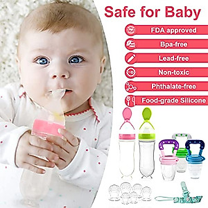 Food Feeder Baby Fruit Feeder Pacifier (3 Pcs) with 6 Different Sized Silicone Pacifiers 2 PCS Silicone Baby Food Dispensing Spoon 90ML with 2 Baby Spoons Pacifier Clip Infant Fruit Teething Toy-Pink