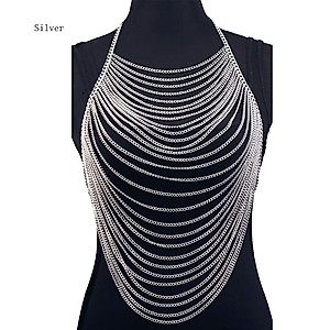 CHRAN Full Body Chain Jewelry for Women Sexy Costume Multilay Silver Metal Chain Harness
