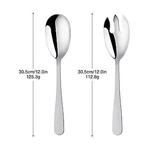 Mingcheng 12 Inches Stainless Steel Salad Server Sets with Salad Spoon and Fork, Cooking Utensils for Kitchen, Simple and Classic Dishwasher Safe(Silver)