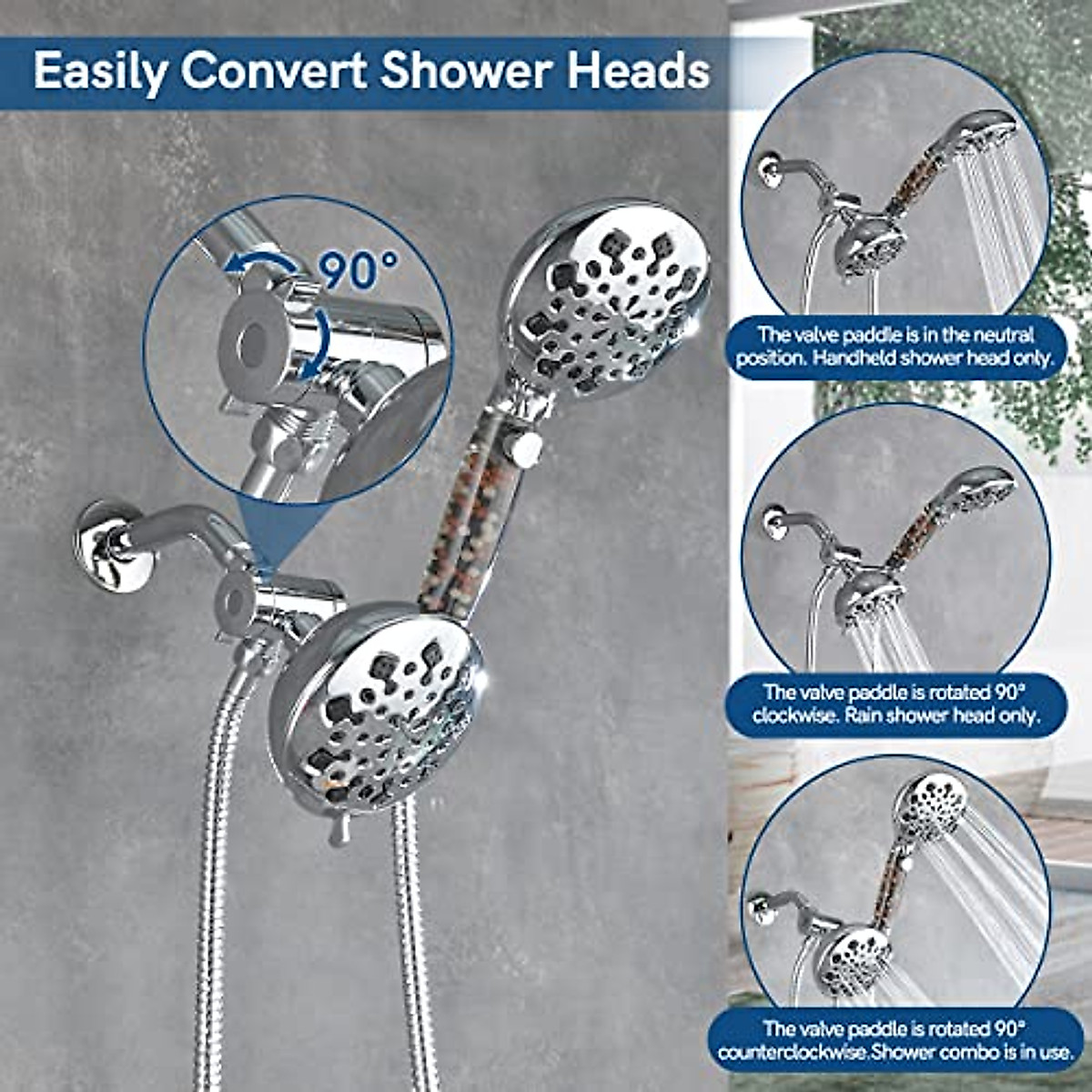 Fulgutonit Modern 9-Setting Shower Head with Handheld Combo, Polished Finish, Removes Chlorine and Harmful Substances
