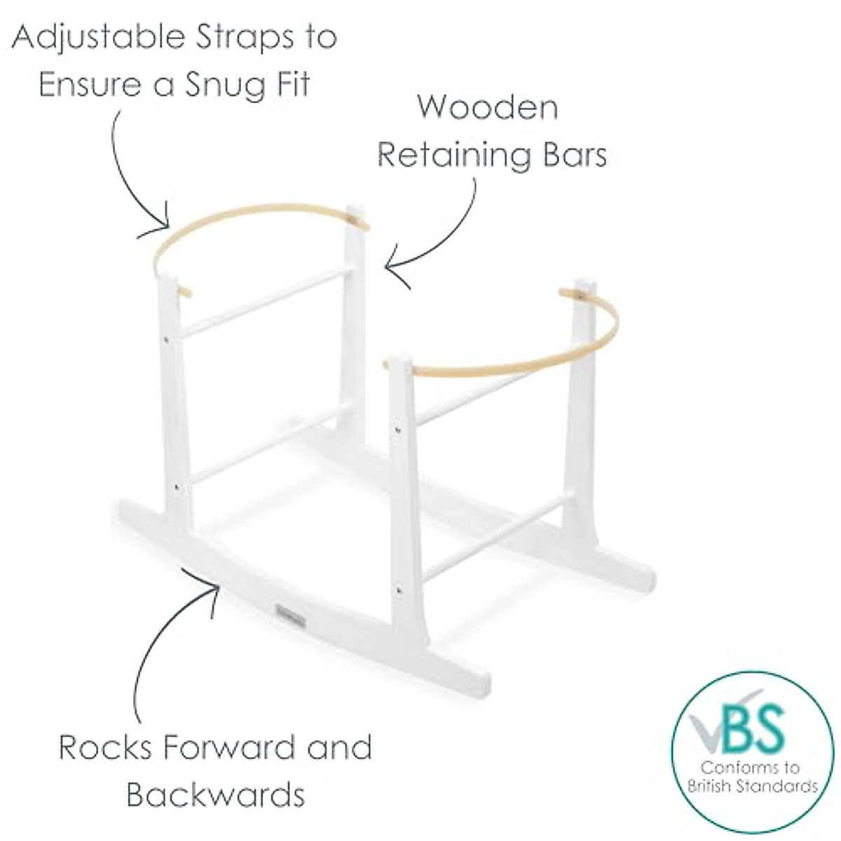 Clair de Lune | Rocking Moses Basket Stand | Fits Wicker & Palm Moses Baskets | Newborn Baby Bassinet Stands |Sturdy Wooden Structure with Adjustable Straps | Conforms to BS EN 1466:2014 (White)