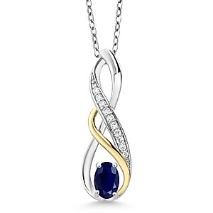 Gem Stone King 10K Yellow Gold and 925 Sterling Silver Blue Sapphire and White Lab Grown Diamond Pendant Necklace For Women (0.63 Cttw, with 18 Inch Silver Chain)