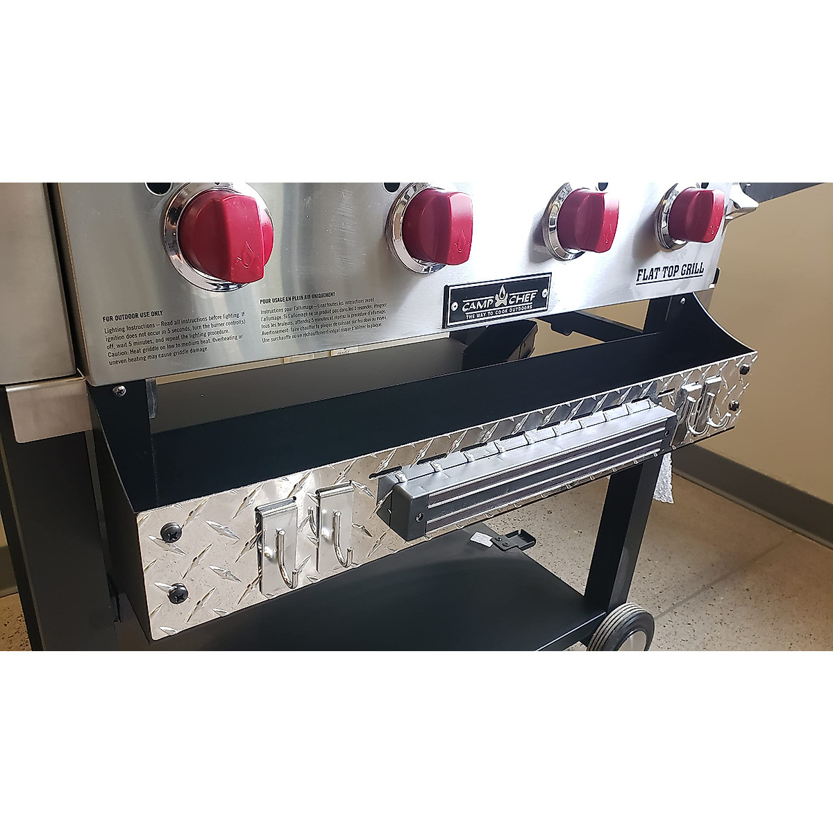 Backyard Life Gear Front Tray with Magnetic Tool Holder and Removable Hooks, Compatible with Camp Chef FTG600 Flat Top Griddle (Diamond Plate Aluminum)