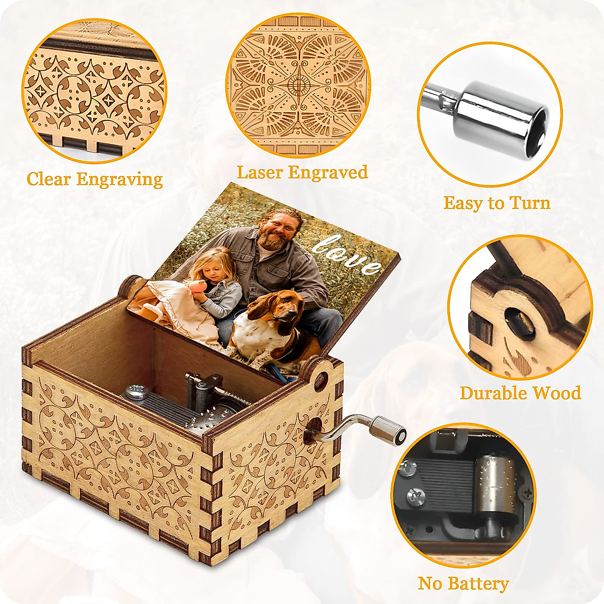 Personalized Music Box Custom Gift with Your Photo Text Wooden Hand Crank Music Box for Father's Day Mother's Day Valentine's Day Wedding Anniversary Birthday