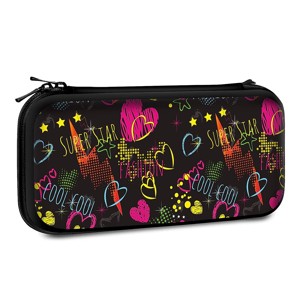 Carrying Case Compatible with Switch 2017 / Switch OLED 2021 Console Joy-Con with 10 Game Card Slots , Fashion style wallpaper with neon lightning, star, arrow, hearts
