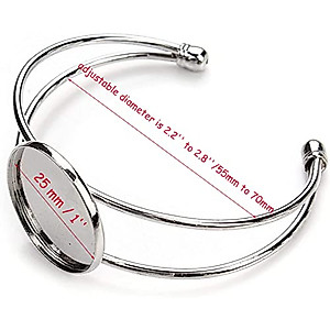 MIAO JIN 10 Pcs 25 mm Adjustable Round Cabochon Bezel Tray Blank Bangle for Crafting DIY Bracelets Making(Silver)