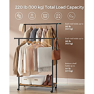 SONGMICS Clothes Rack with Wheels, Double-Rod Clothing Rack for Hanging Clothes, 38.8 Inches Garment Rack with Shelf, Loads up to 220 lb, for Bedroom, Closet, Rustic Brown and Ink Black UHSR152B01