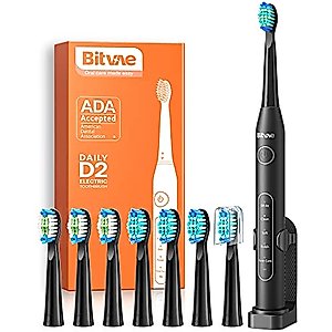 Bitvae Ultrasonic Electric Toothbrushes - Electric Toothbrush for Adults and Kids, American Dental Association Accepted, Rechargeable Travel Sonic Toothbrush with 8 Heads, Black D2