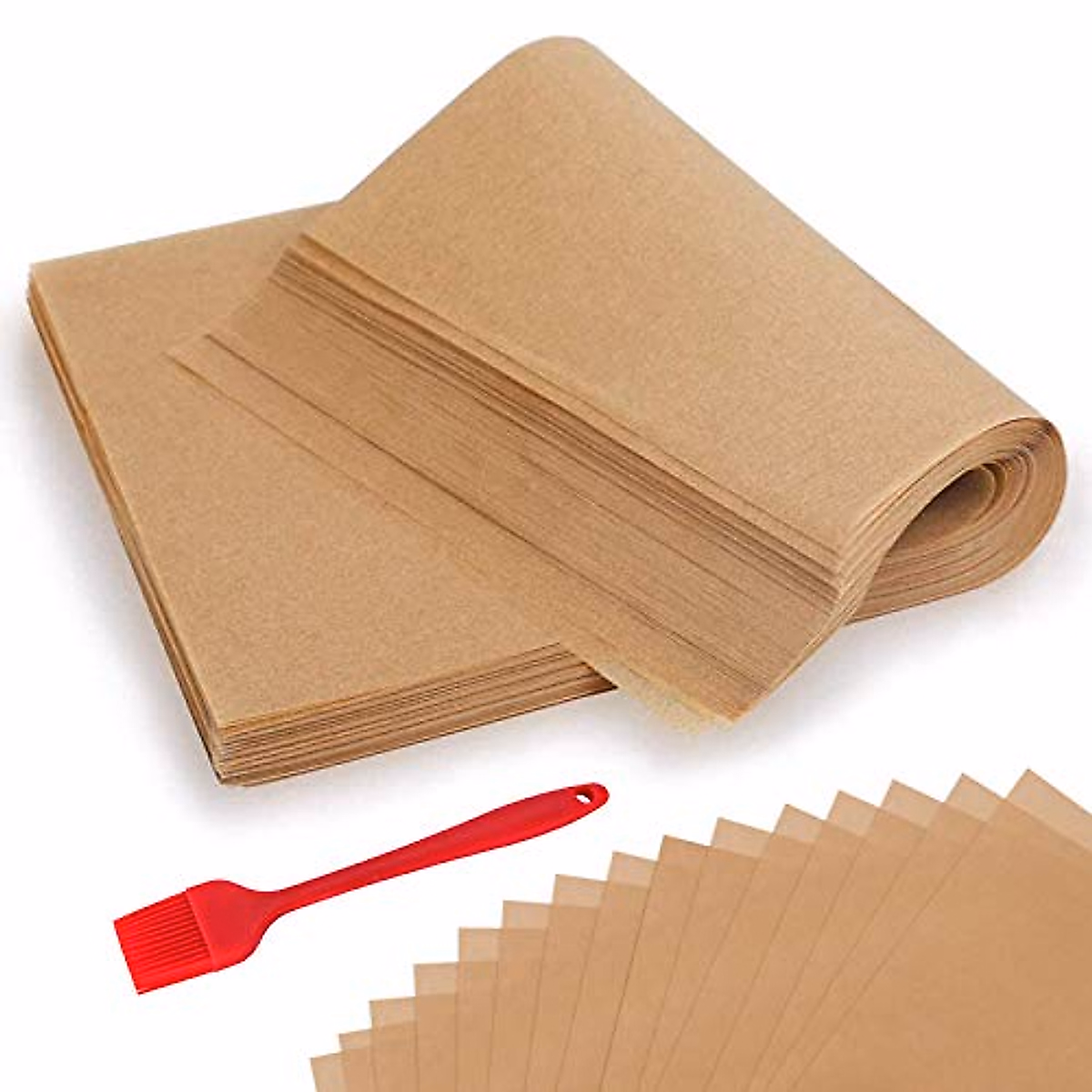 300 PCS Parchment Paper Sheets - OAMCEG 12x16 Inch No Chemical Non-Stick Unbleached Pre-Cut Parchment Paper with a Silicone Brush, for Baking Grilling Air Fryer Steaming Bread Cup Cake Cookie