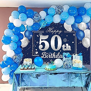 50th Birthday Decorations Banner Men, Blue Silver Happy 50th Bday Decorations for Men, 50th Birthday Decorations Men Blue, 50 Year Old Photography Background