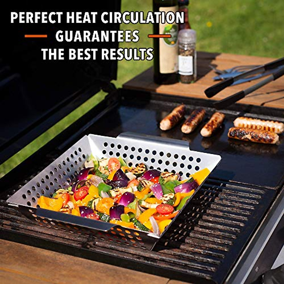 Homeflowz Heavy Duty Grill Basket – Large Vegetable Grill Basket for more Veggies - Stainless Steel Grilling Basket - Grill Baskets for Outdoor Grill -Perfect BBQ Basket for All Grills and Vegetable