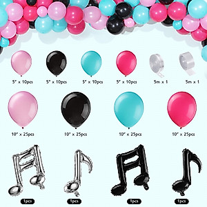 144 Pieces Music Balloons Birthday Balloon Garland Kit Music Sign Foil Balloons 5 Inch 10 Inch Rose Red Black Blue Pink Latex Balloon for Birthday Karaoke Decorations Music Theme Party Supplies