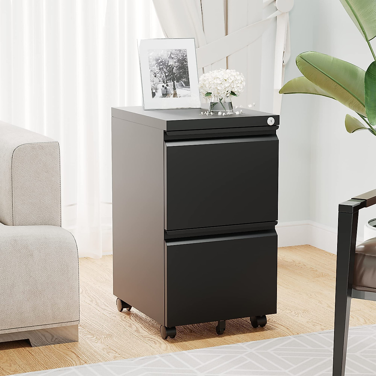 AFAIF 2 Drawer File Cabinet with Lock, Rolling File Cabinets for Home Office, Small Metal Filing Cabinet Office Drawers Under Desk for Letters/Legal/A4 Size, Assembly Required